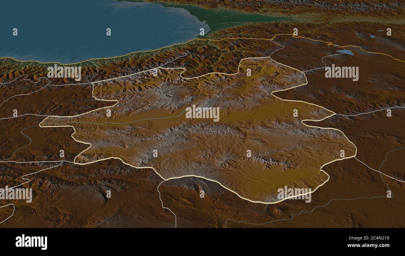 Zoom in on Erzurum (province of Turkey) outlined. Oblique perspective ...