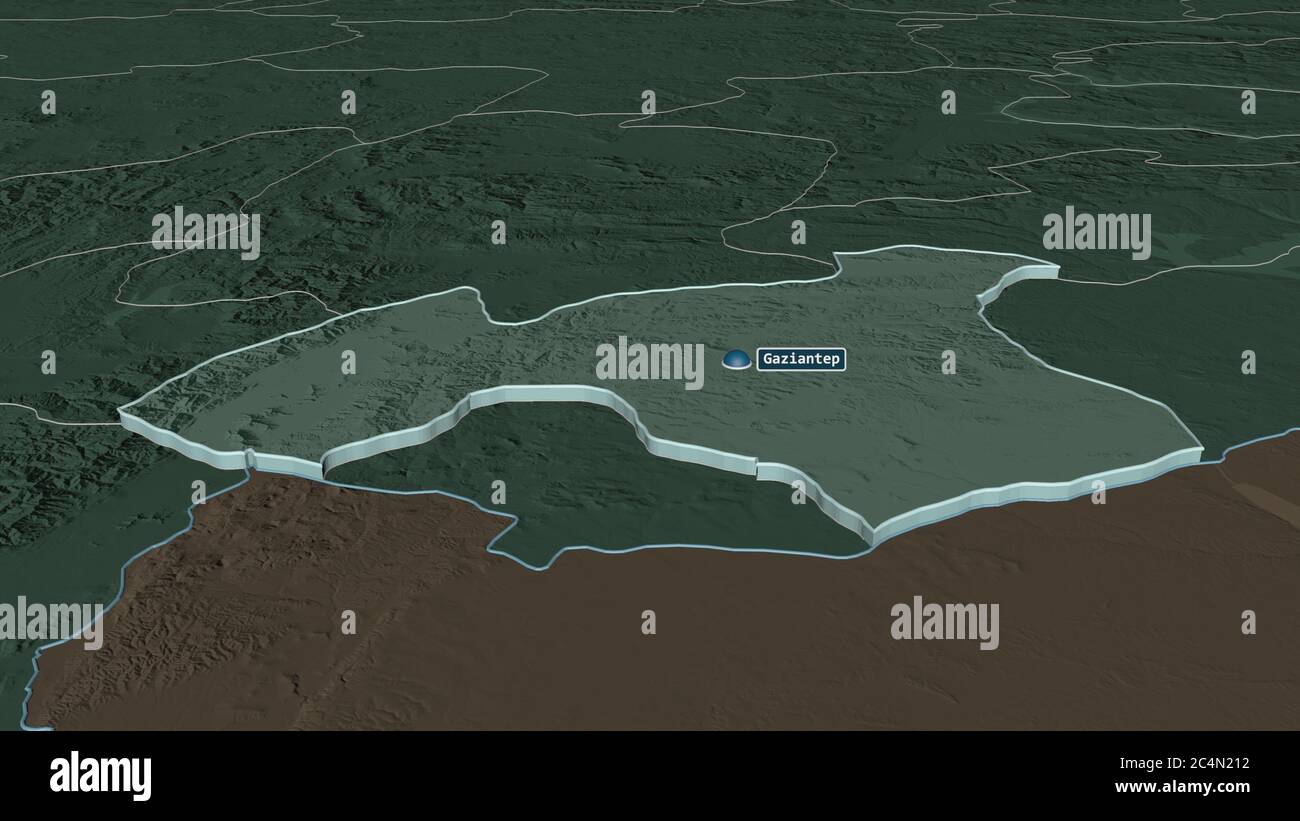 Zoom in on Gaziantep (province of Turkey) extruded. Oblique perspective ...