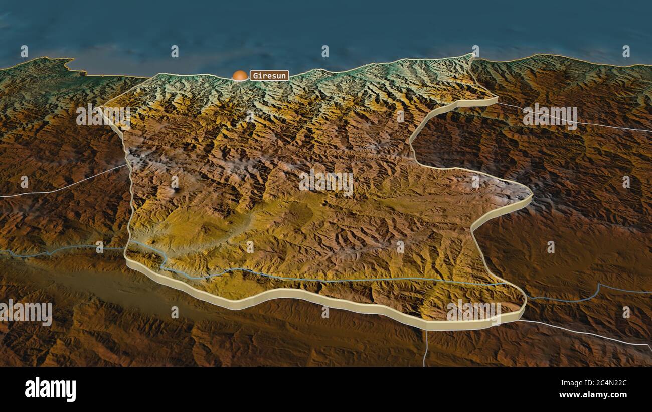 Zoom in on Giresun (province of Turkey) extruded. Oblique perspective ...