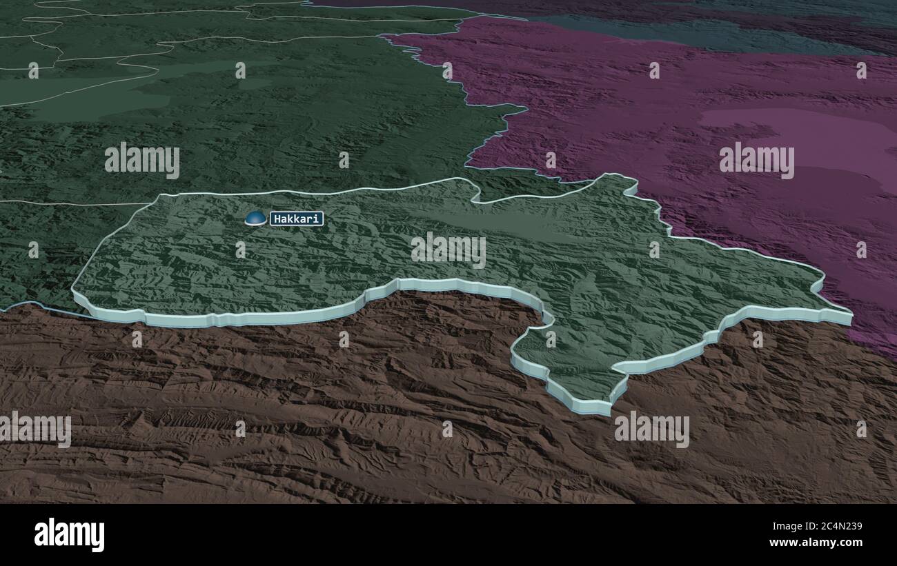 Zoom in on Hakkari (province of Turkey) extruded. Oblique perspective ...