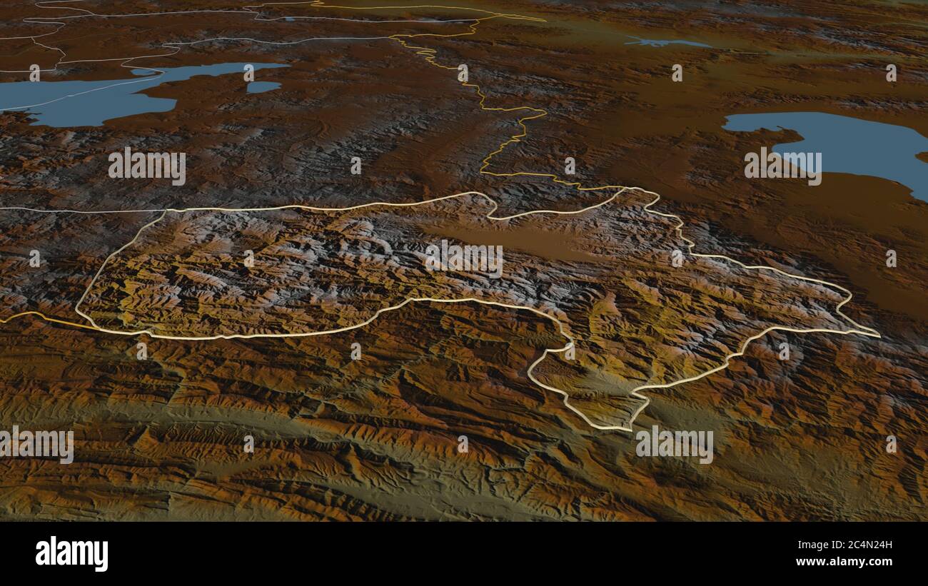Zoom in on Hakkari (province of Turkey) outlined. Oblique perspective ...