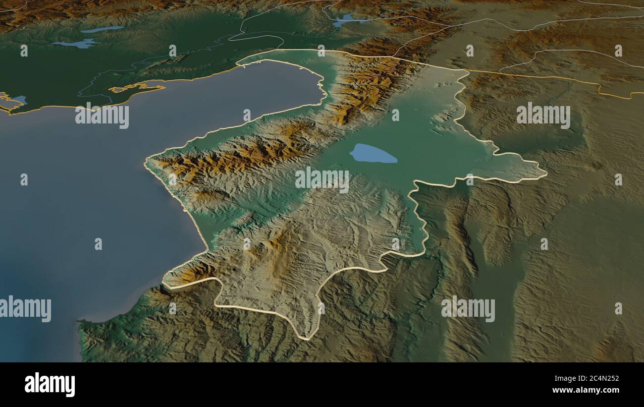 Zoom in on Hatay (province of Turkey) outlined. Oblique perspective ...