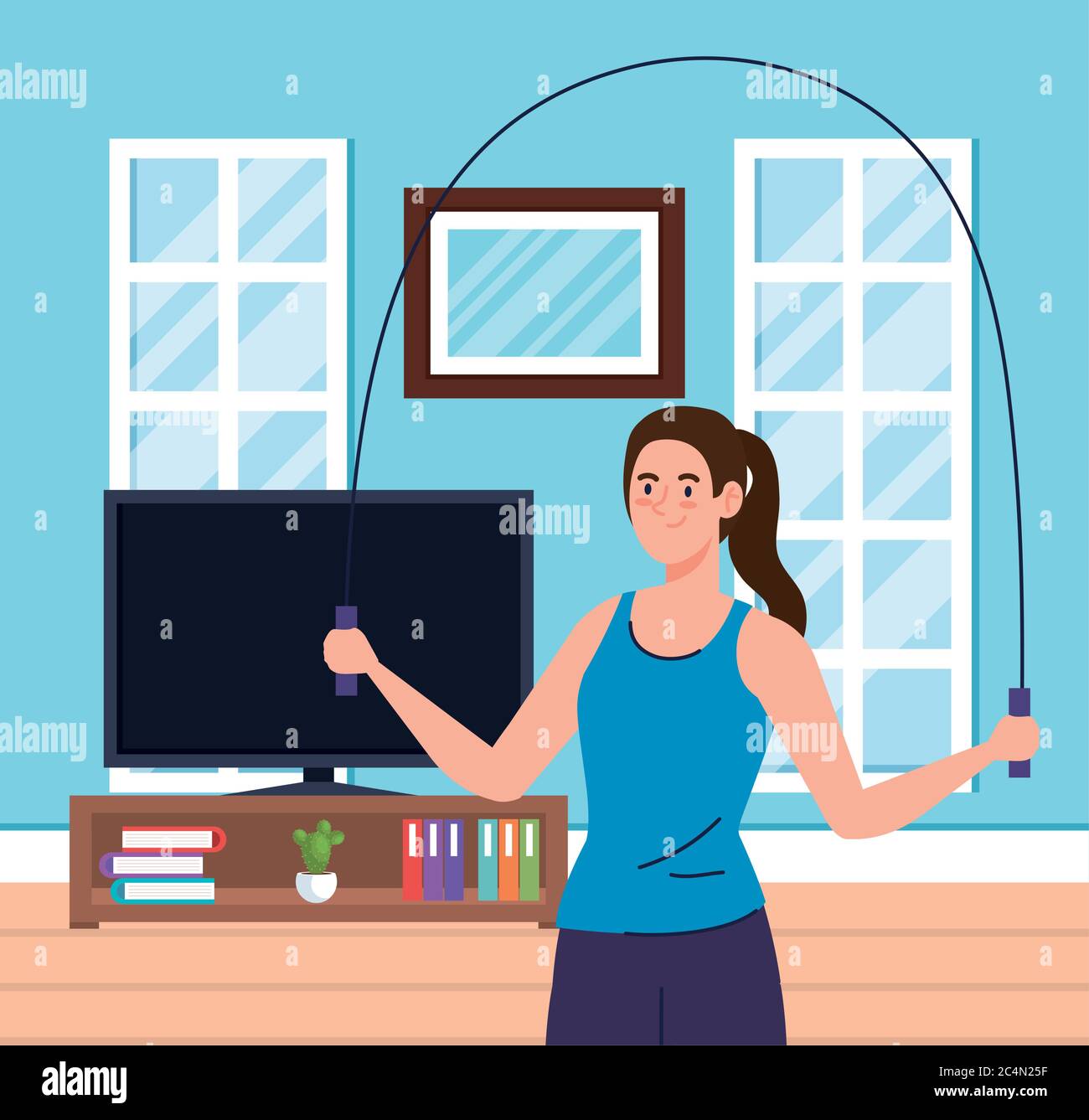 exercise at home, woman jumping rope, using the house as a gym Stock ...