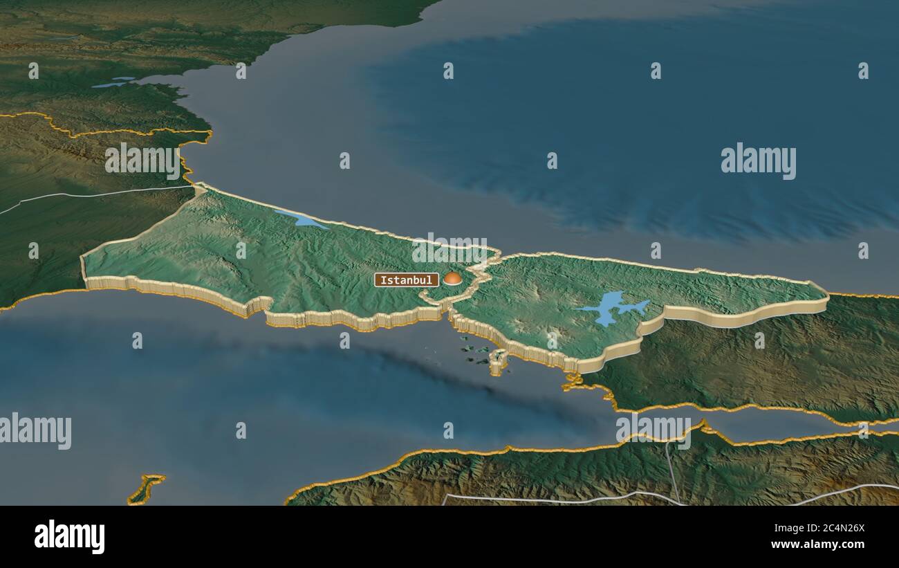 Zoom in on Istanbul (province of Turkey) extruded. Oblique perspective ...