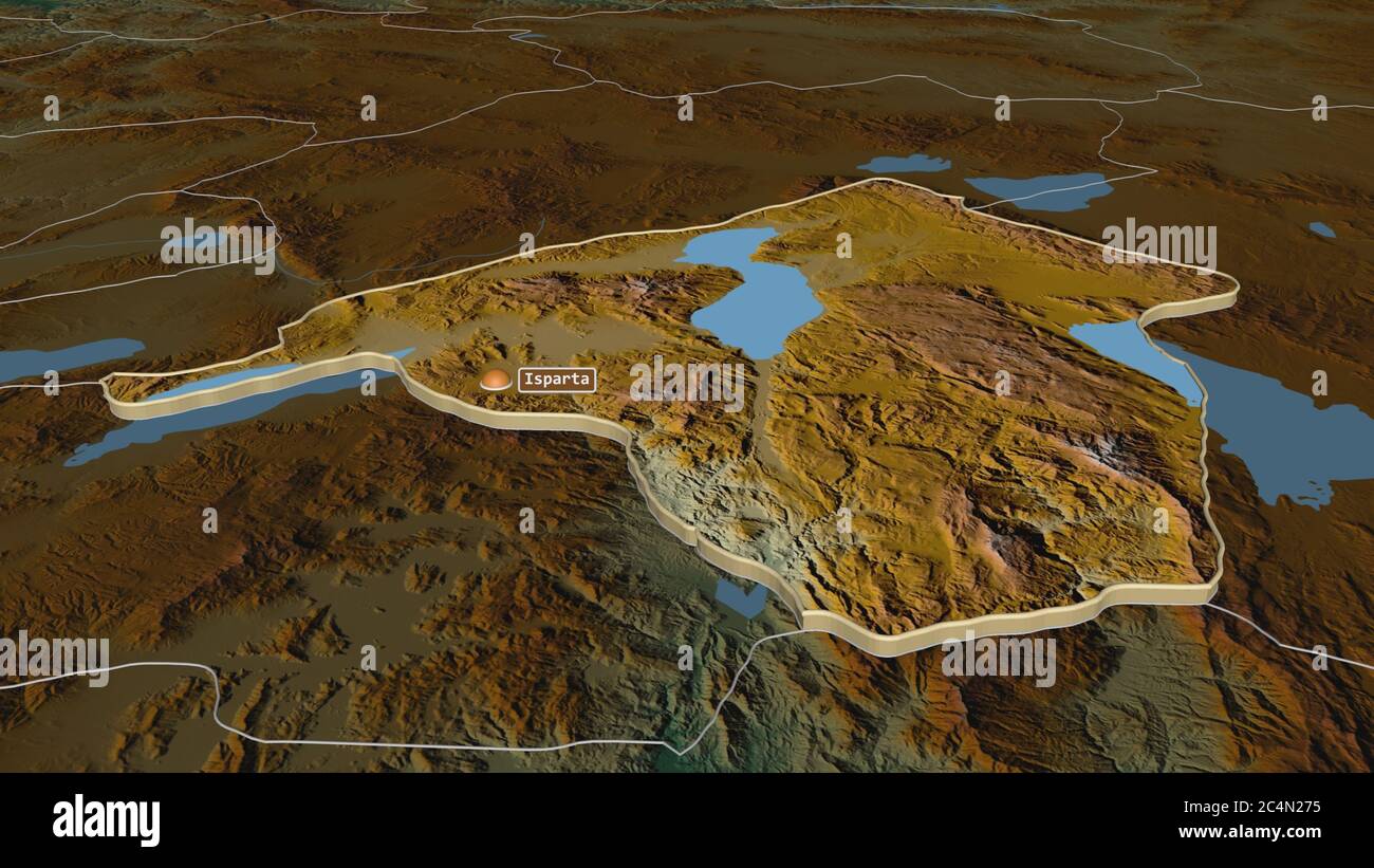 Zoom in on Isparta (province of Turkey) extruded. Oblique perspective ...