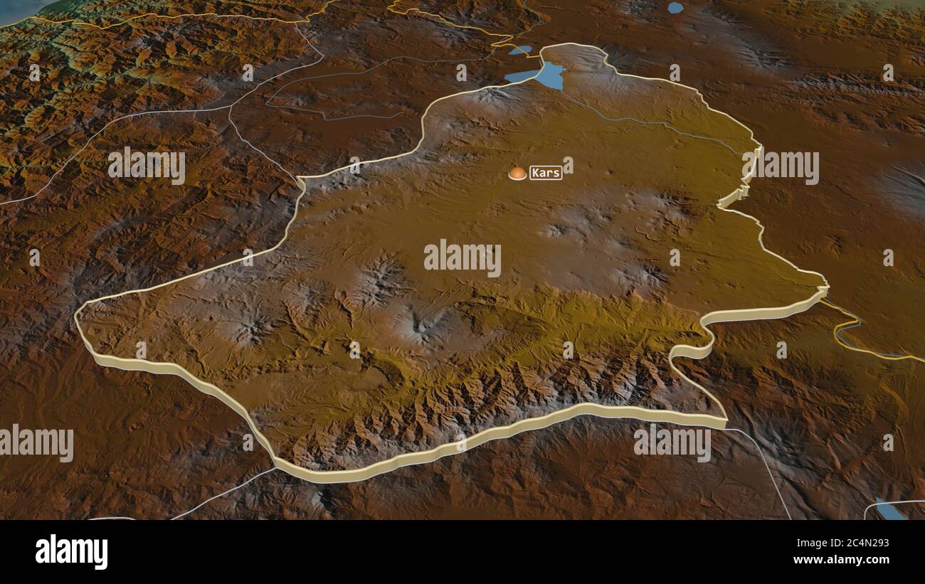Zoom in on Kars (province of Turkey) extruded. Oblique perspective ...