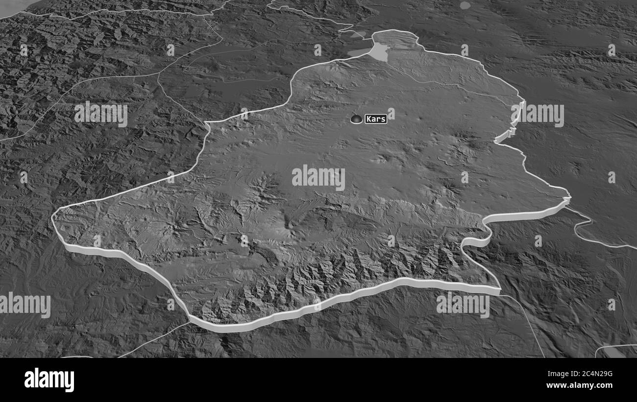 Zoom in on Kars (province of Turkey) extruded. Oblique perspective ...