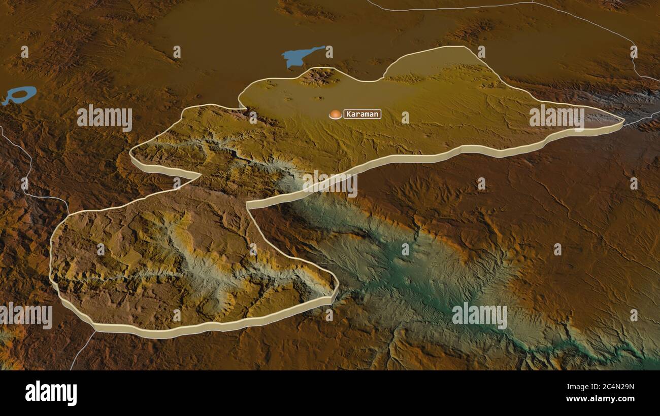 Zoom in on Karaman (province of Turkey) extruded. Oblique perspective ...