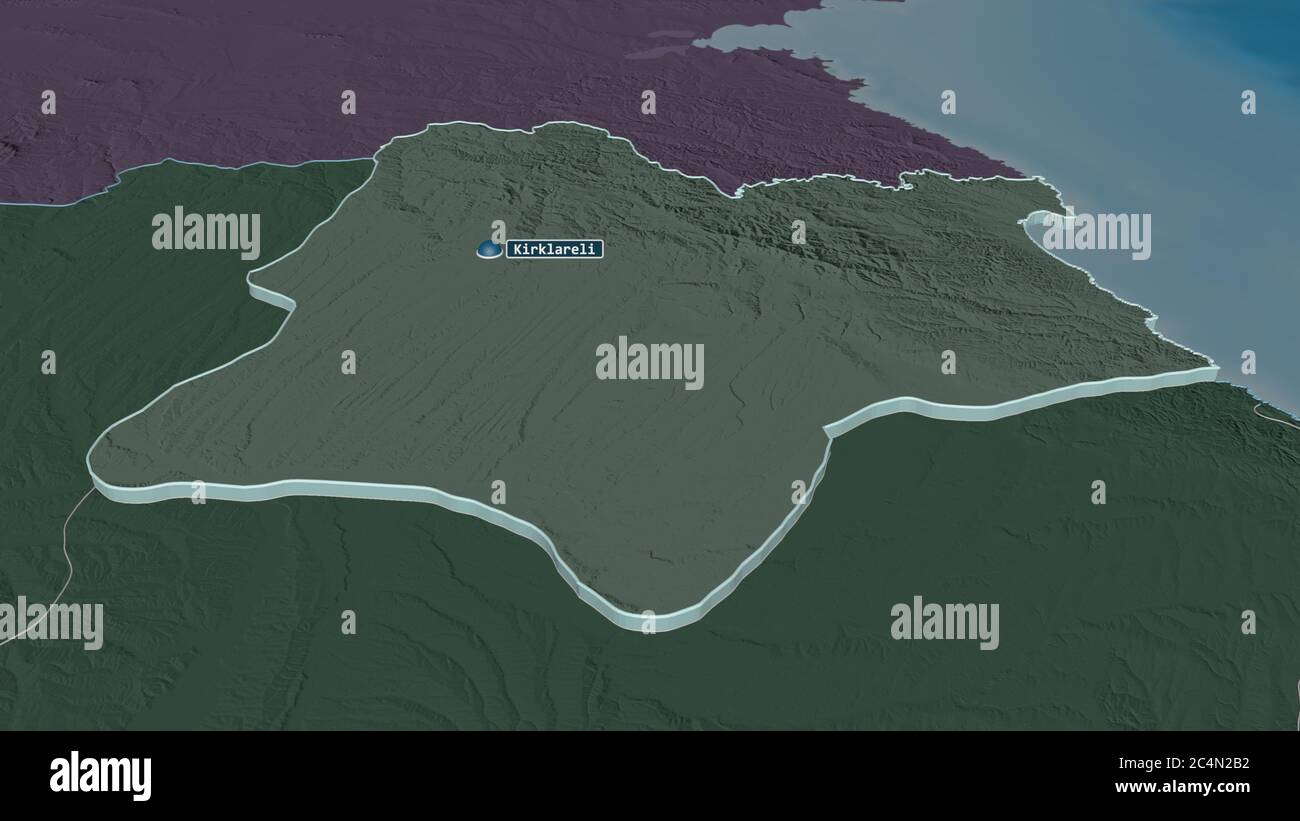 Zoom in on Kirklareli (province of Turkey) extruded. Oblique ...