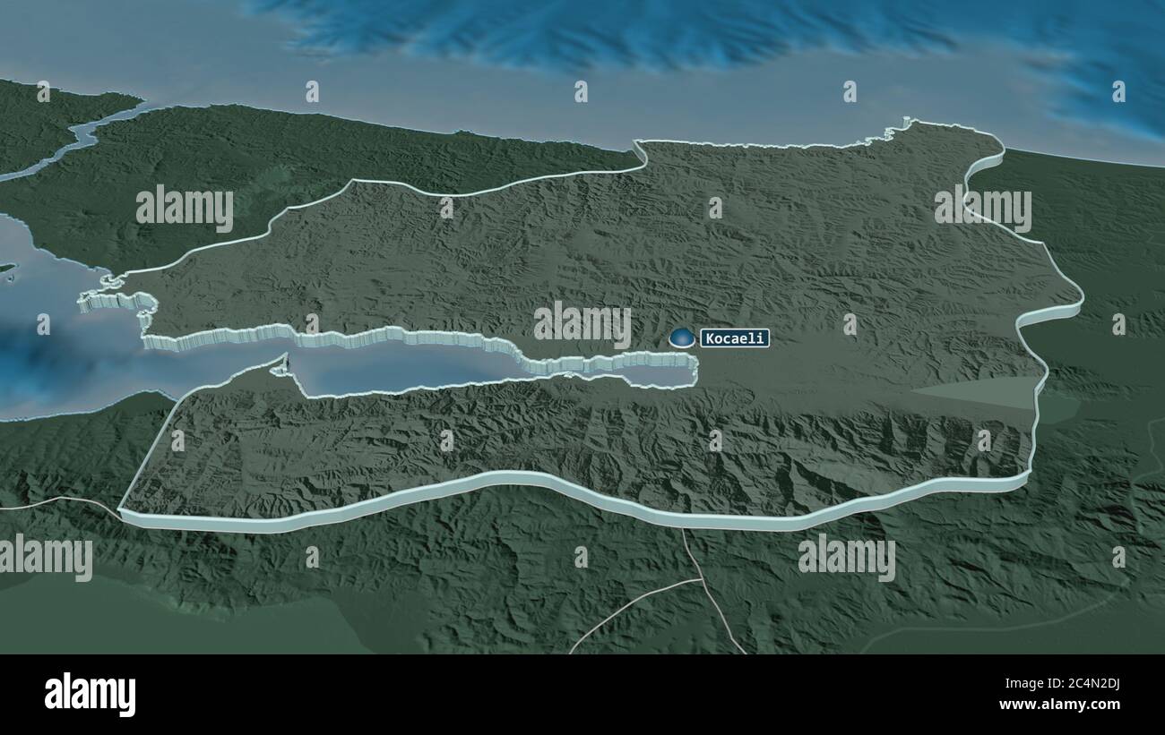 Zoom in on Kocaeli (province of Turkey) extruded. Oblique perspective ...
