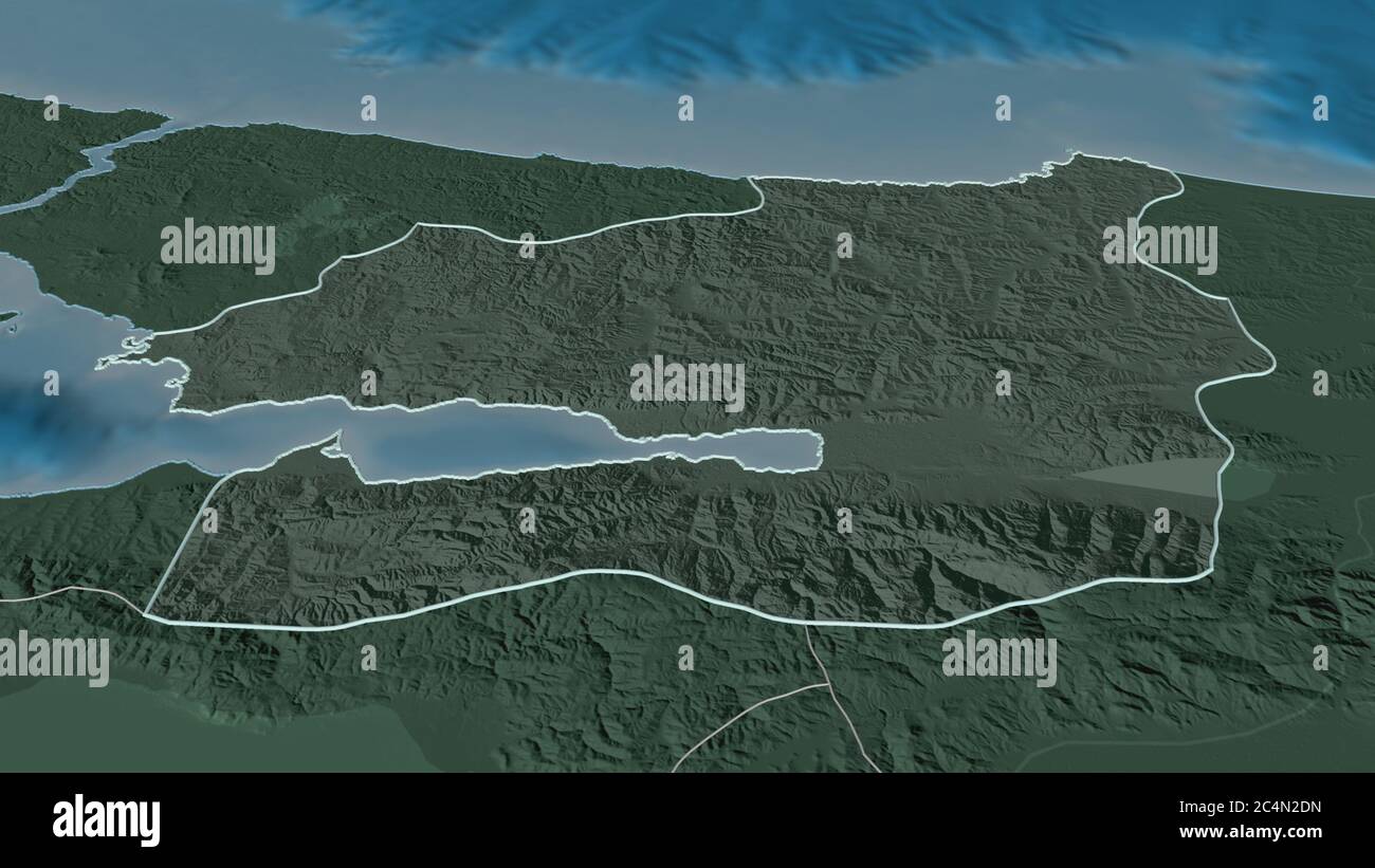 Zoom in on Kocaeli (province of Turkey) outlined. Oblique perspective ...