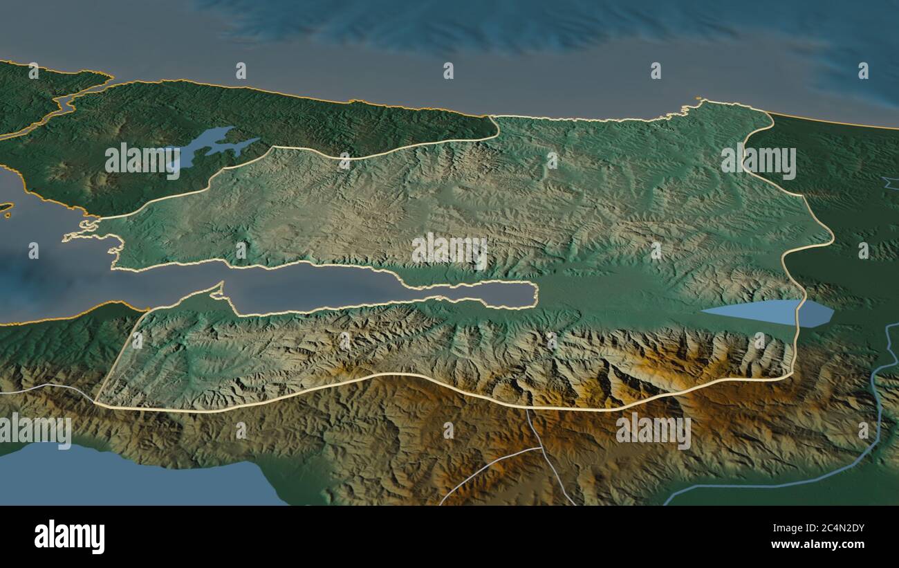 Zoom in on Kocaeli (province of Turkey) outlined. Oblique perspective ...
