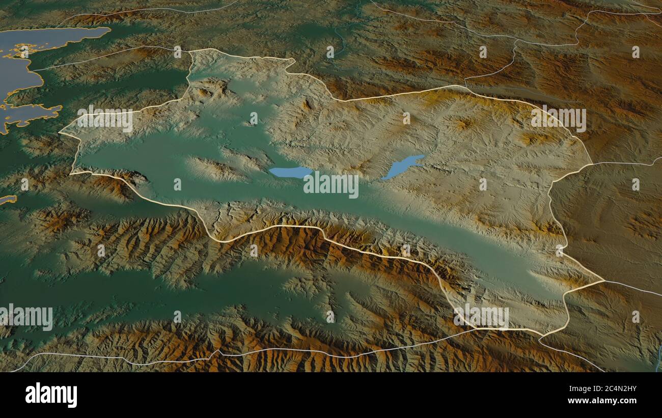 Zoom in on Manisa (province of Turkey) outlined. Oblique perspective ...