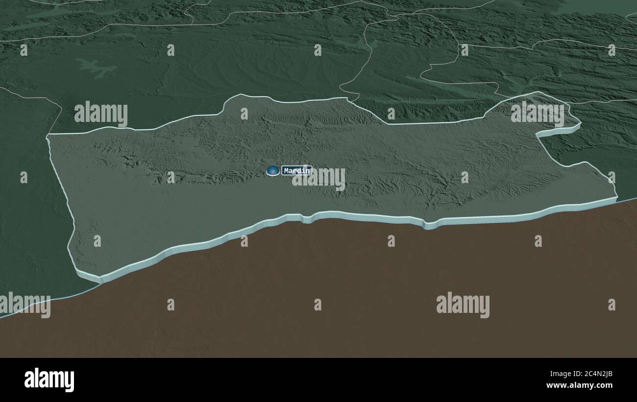 Zoom in on Mardin (province of Turkey) extruded. Oblique perspective ...