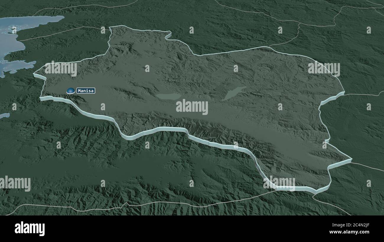 Zoom in on Manisa (province of Turkey) extruded. Oblique perspective ...