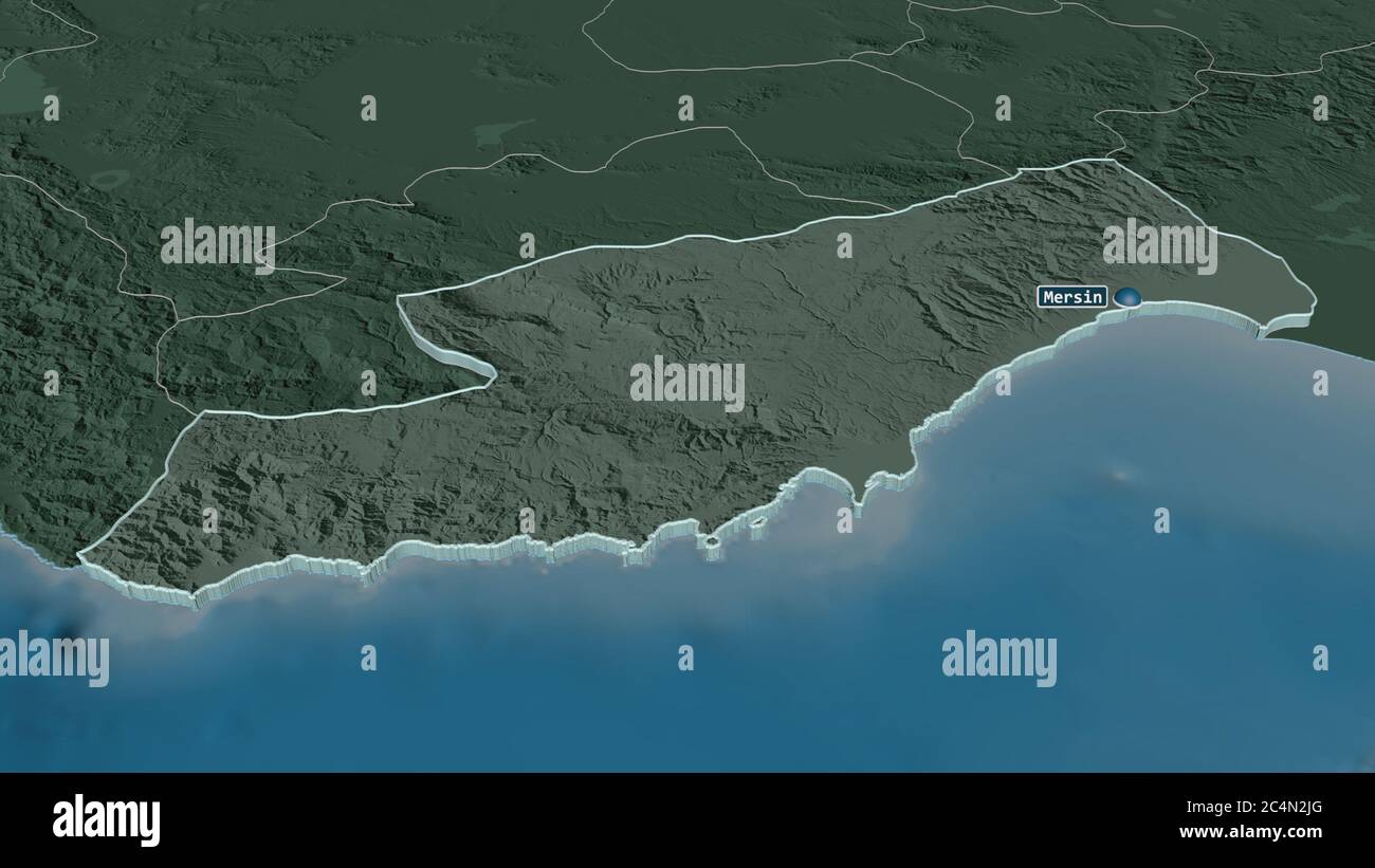 Zoom in on Mersin (province of Turkey) extruded. Oblique perspective ...