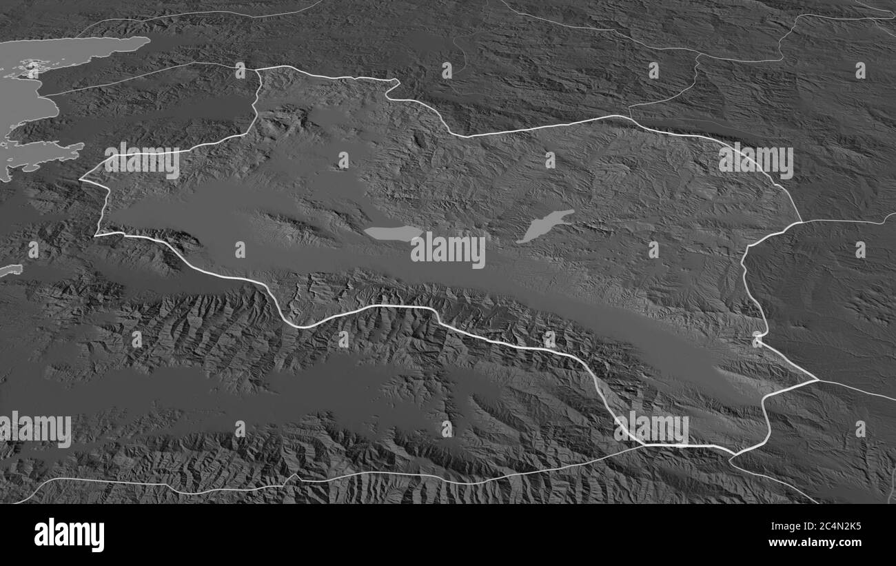 Zoom in on Manisa (province of Turkey) outlined. Oblique perspective ...