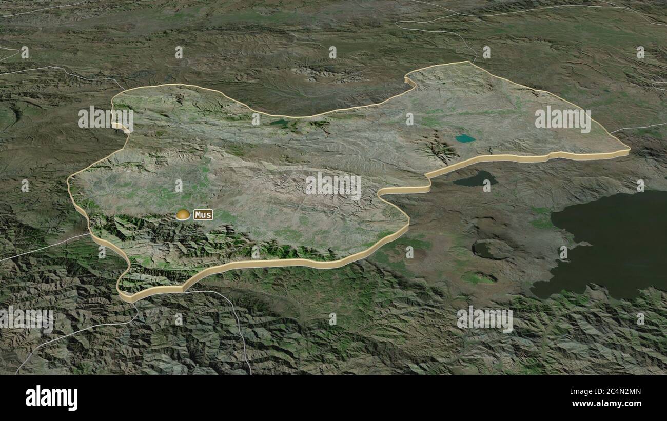 Zoom in on Mus (province of Turkey) extruded. Oblique perspective ...