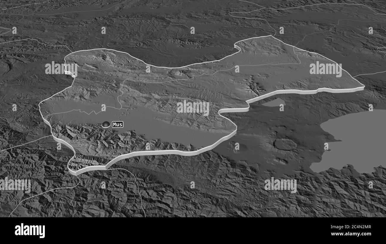 Zoom in on Mus (province of Turkey) extruded. Oblique perspective ...