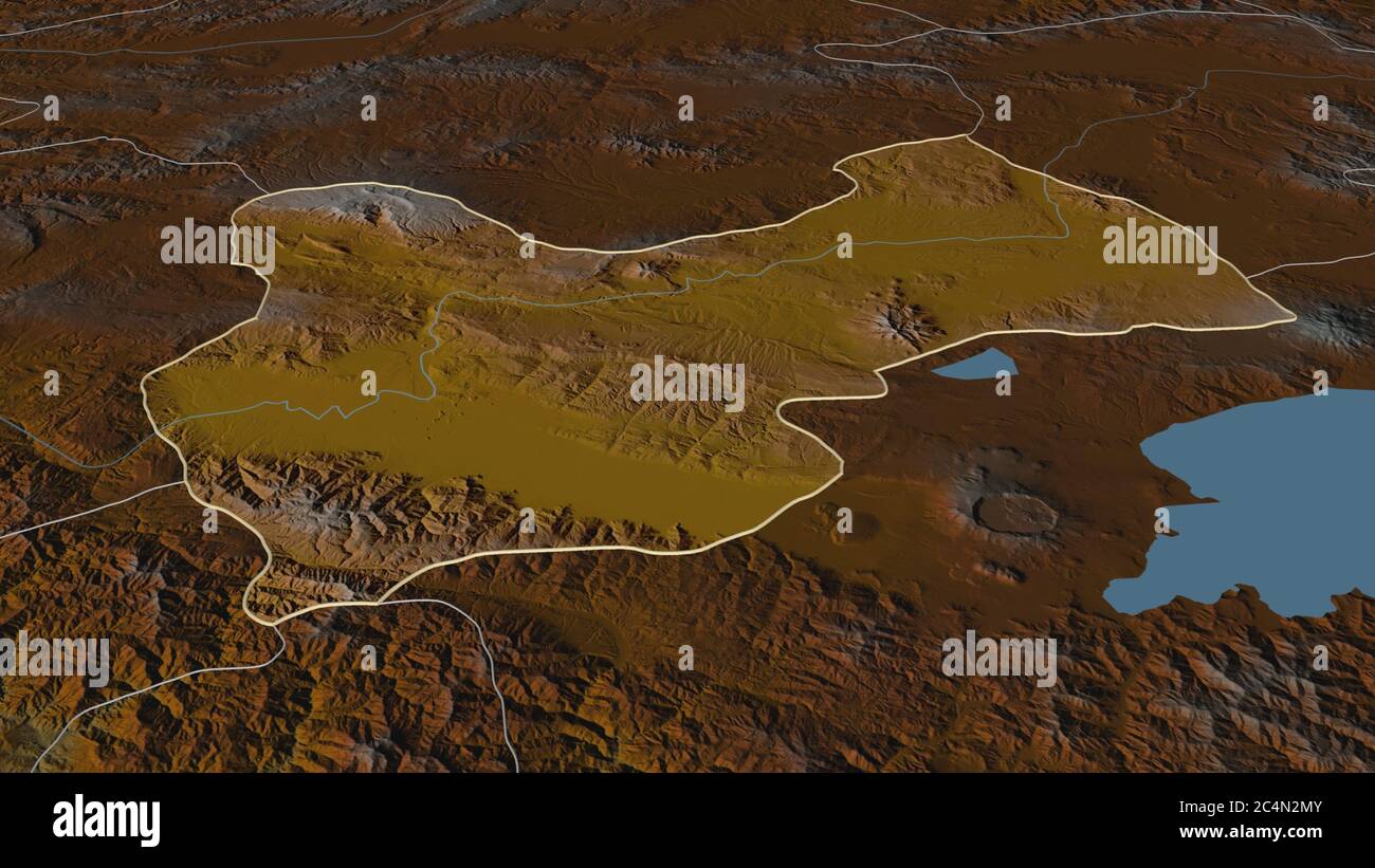 Zoom in on Mus (province of Turkey) outlined. Oblique perspective ...