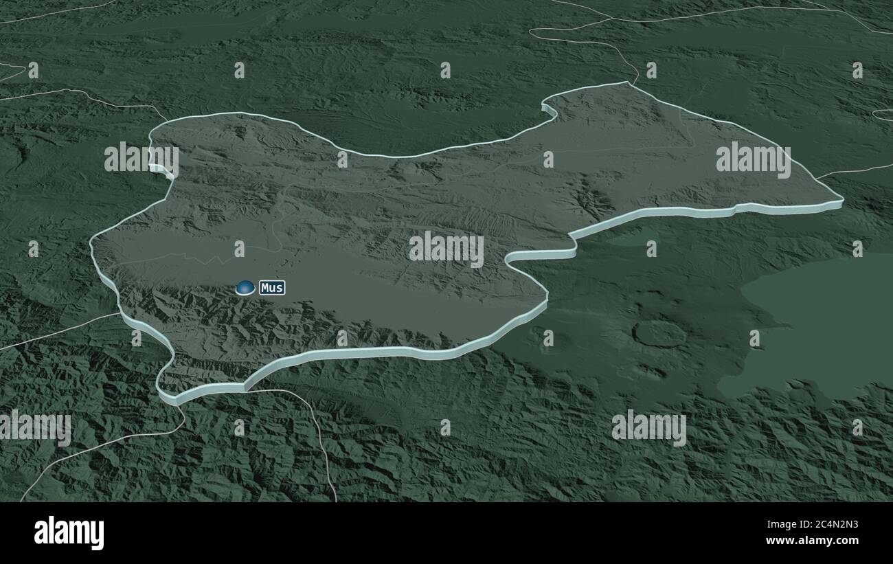 Zoom in on Mus (province of Turkey) extruded. Oblique perspective ...