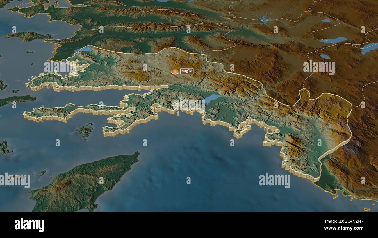 Zoom in on Mugla (province of Turkey) extruded. Oblique perspective ...