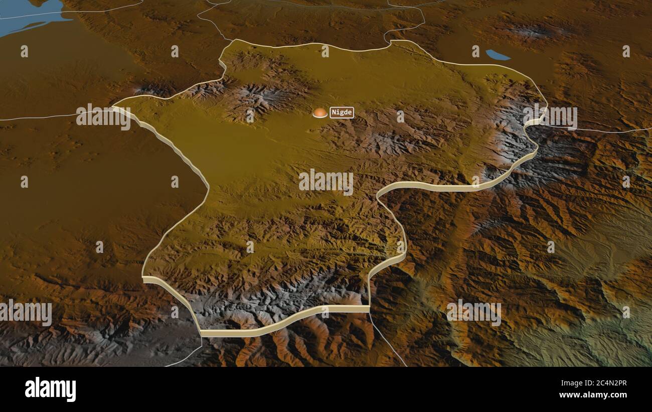 Zoom in on Nigde (province of Turkey) extruded. Oblique perspective ...