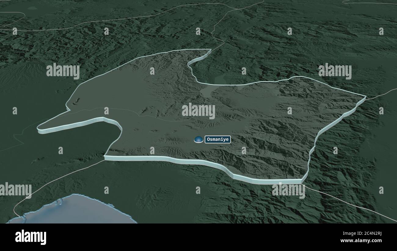 Zoom in on Osmaniye (province of Turkey) extruded. Oblique perspective ...