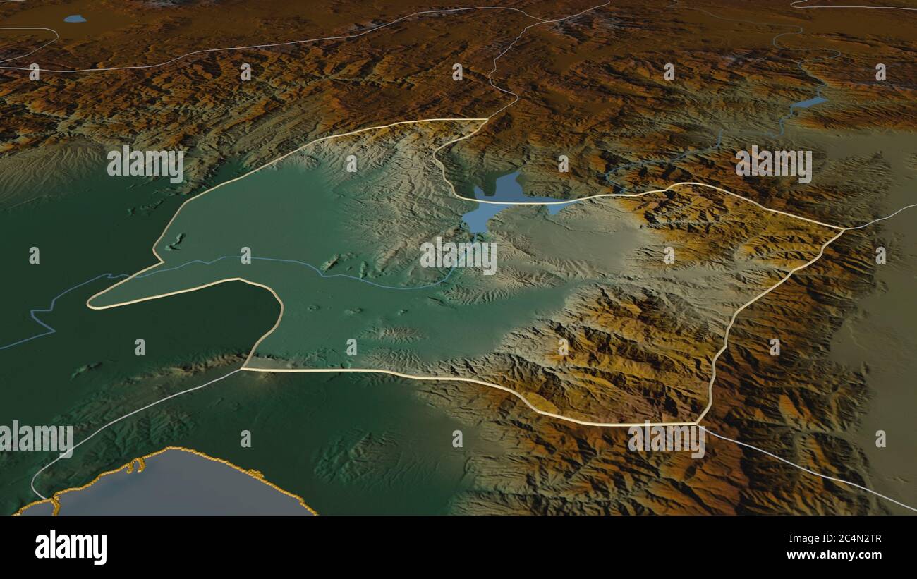 Zoom in on Osmaniye (province of Turkey) outlined. Oblique perspective ...