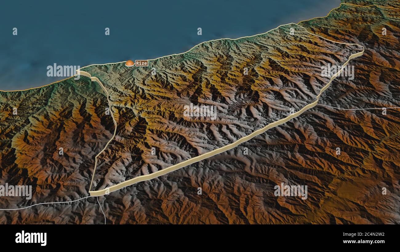 Zoom in on Rize (province of Turkey) extruded. Oblique perspective ...