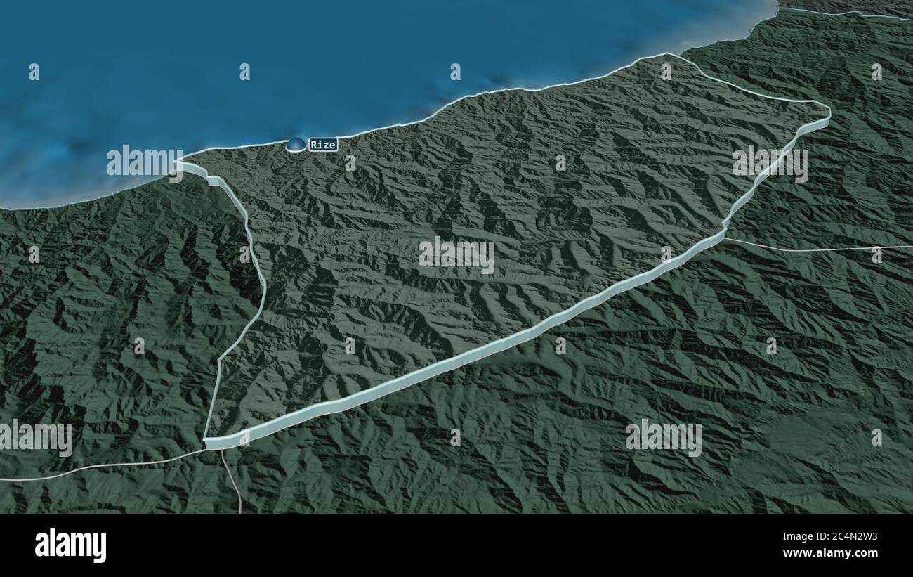 Zoom in on Rize (province of Turkey) extruded. Oblique perspective ...