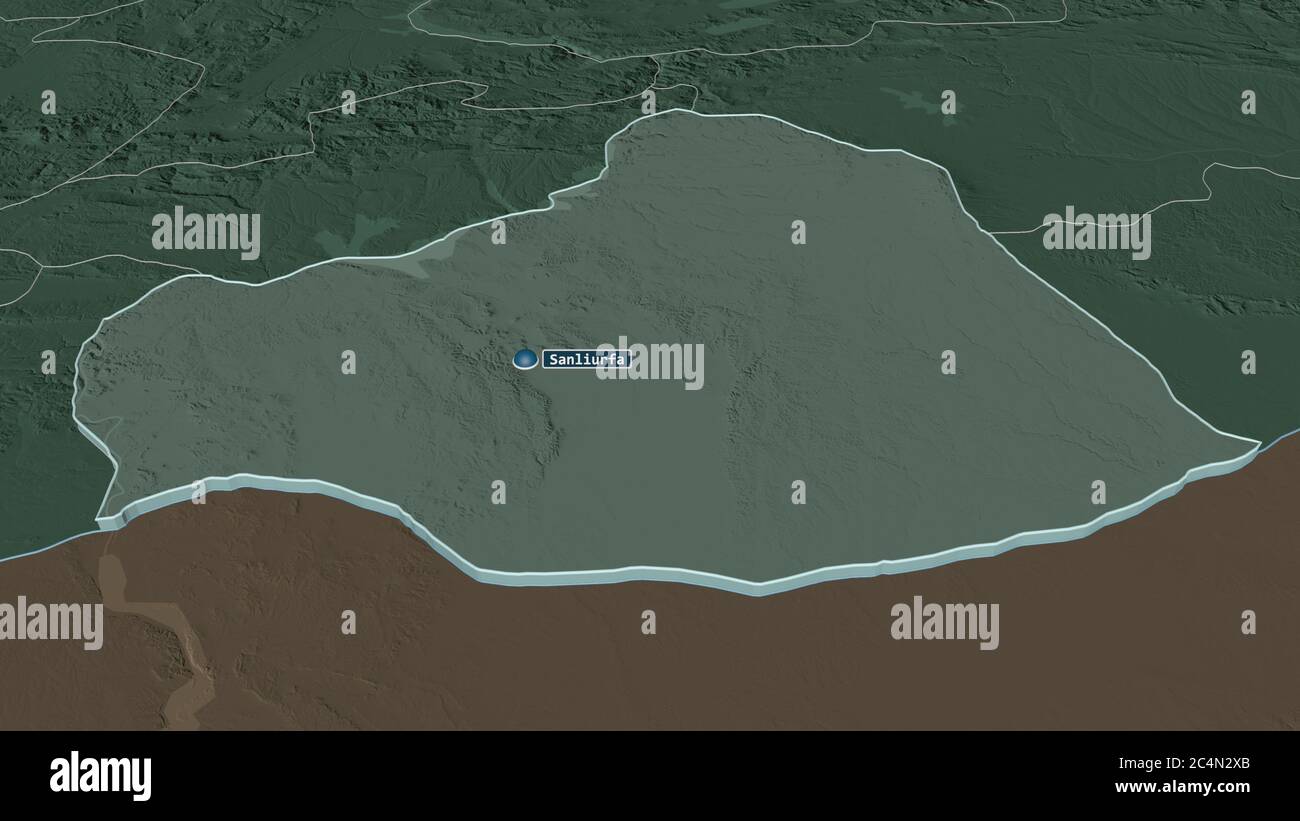 Zoom in on Sanliurfa (province of Turkey) extruded. Oblique perspective ...