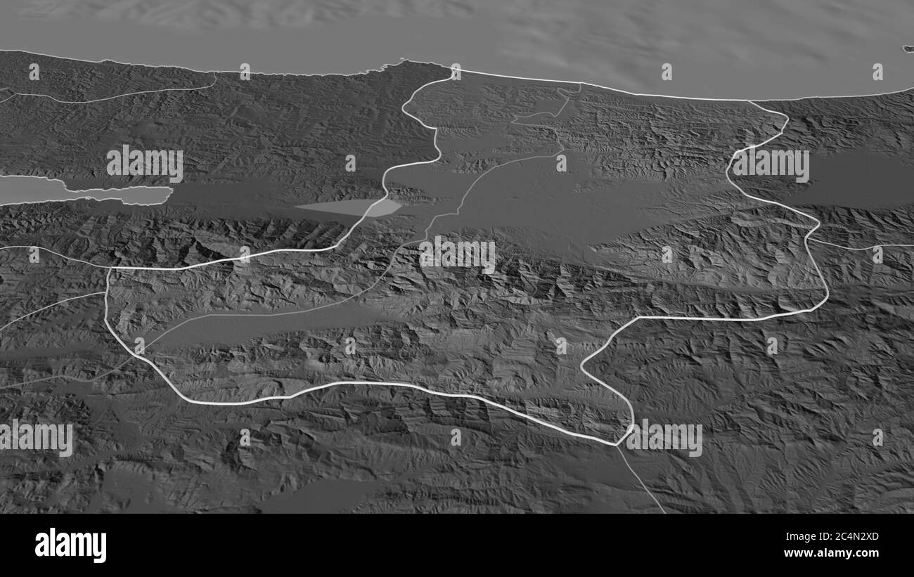 Zoom in on Sakarya (province of Turkey) outlined. Oblique perspective ...