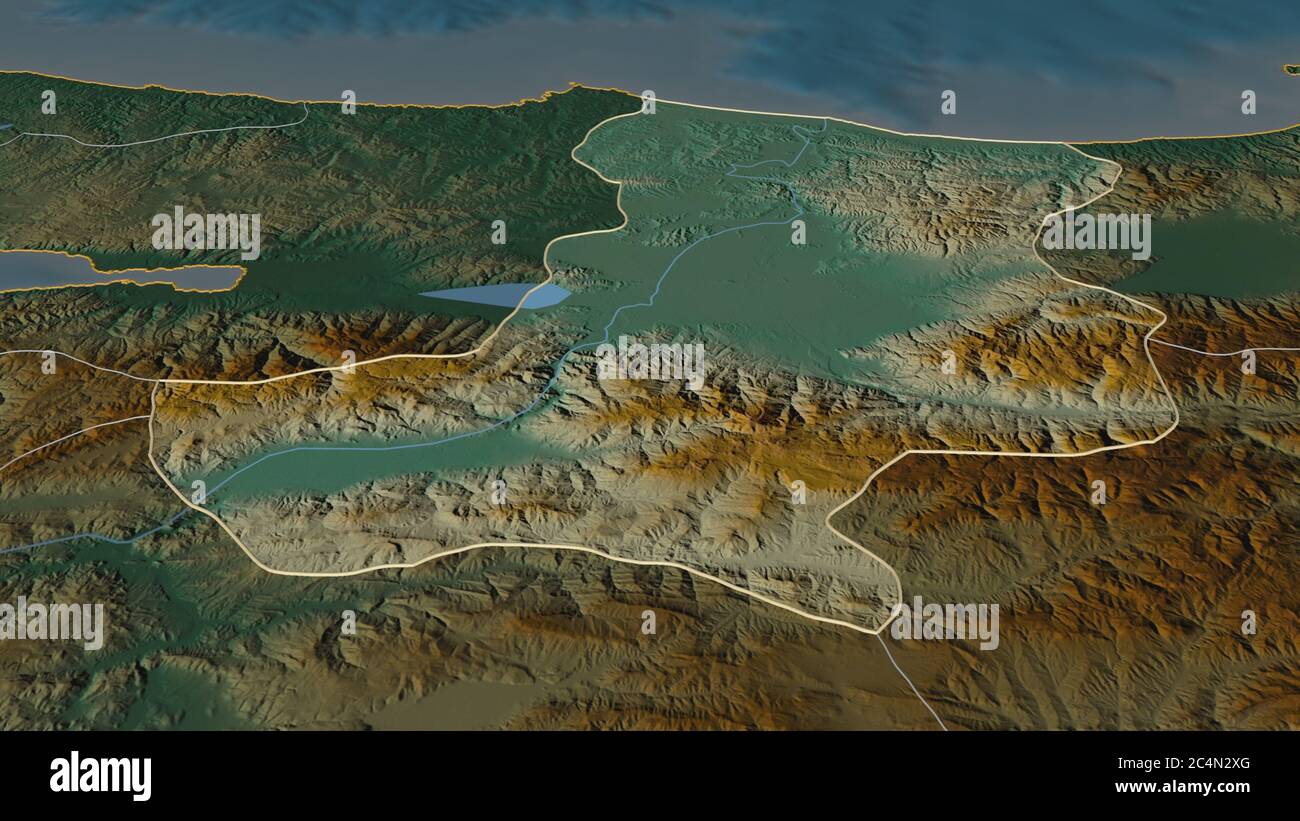 Zoom in on Sakarya (province of Turkey) outlined. Oblique perspective ...