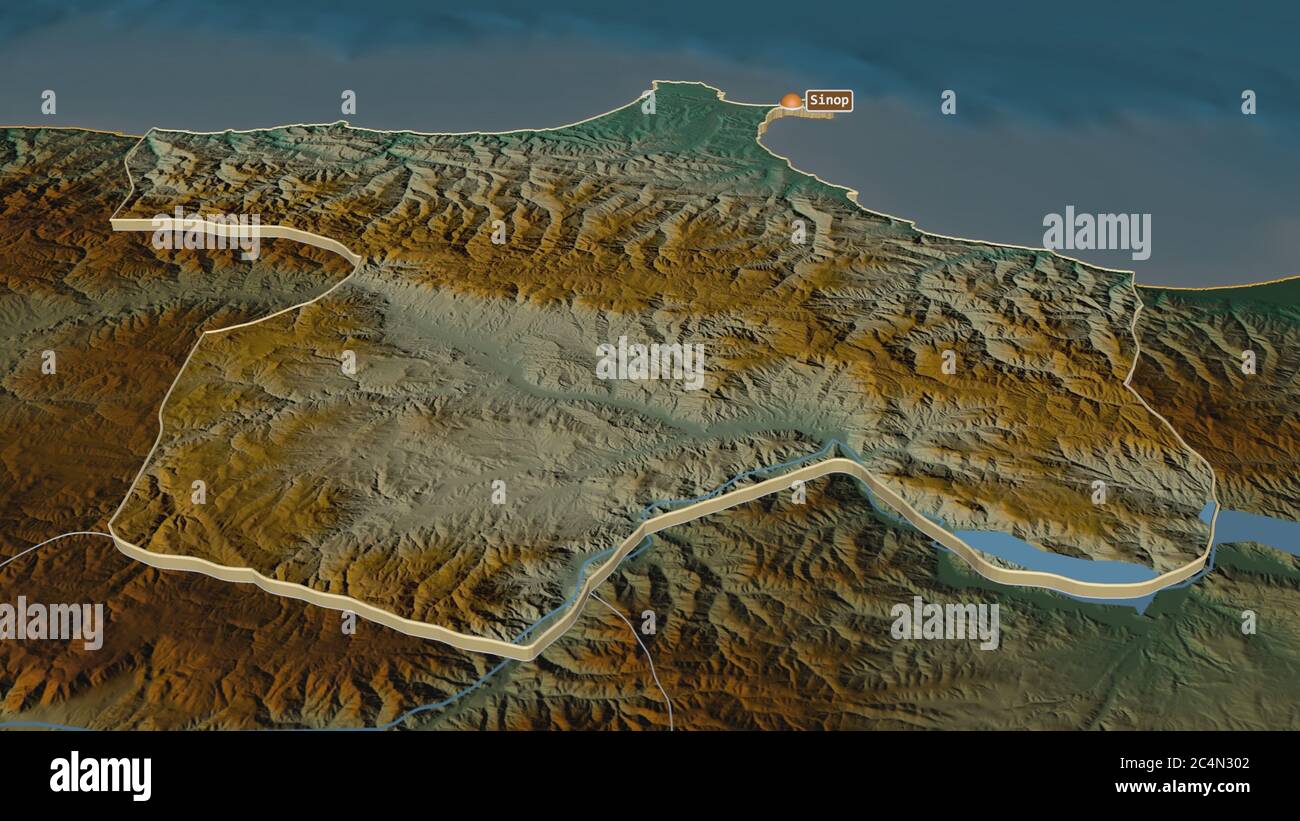 Zoom in on Sinop (province of Turkey) extruded. Oblique perspective ...