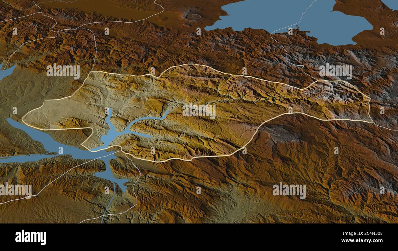 Zoom in on Siirt (province of Turkey) outlined. Oblique perspective ...
