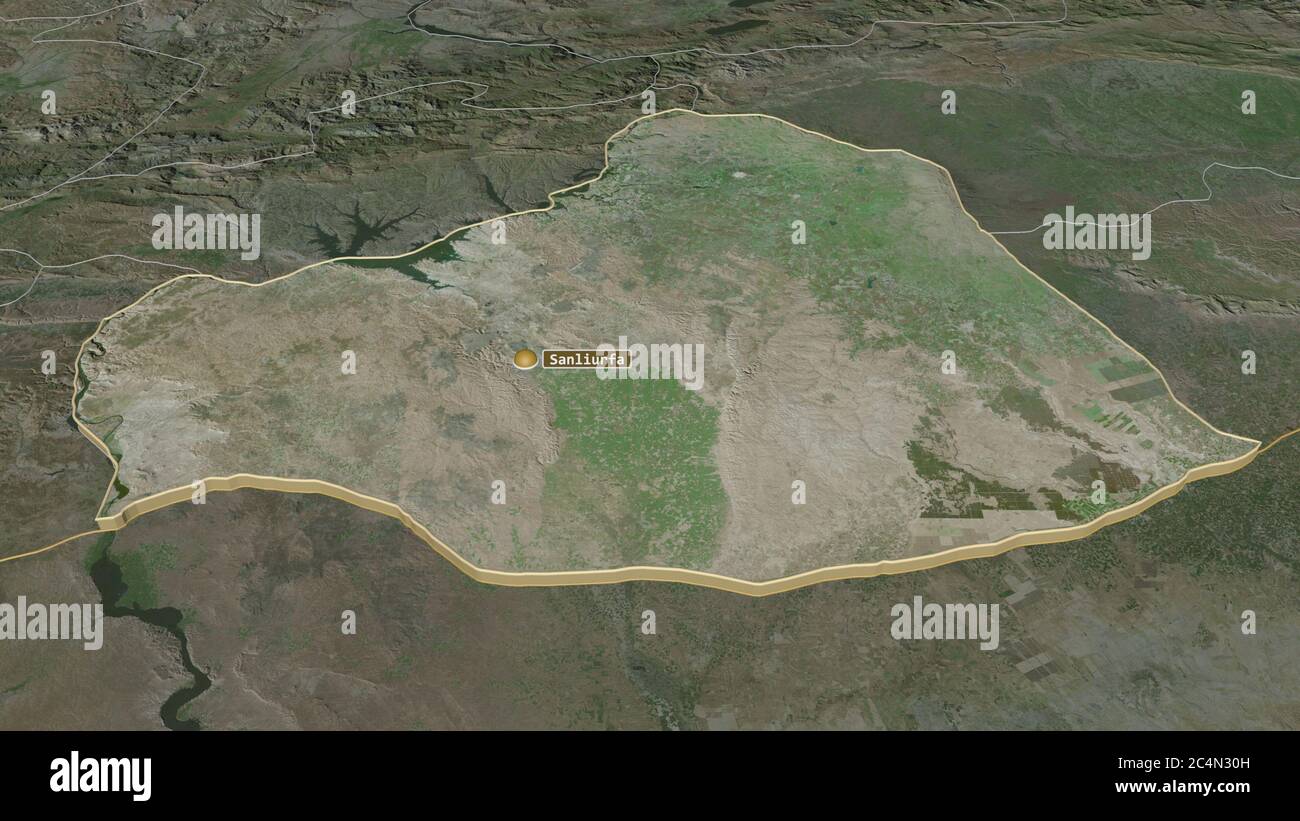 Zoom in on Sanliurfa (province of Turkey) extruded. Oblique perspective ...