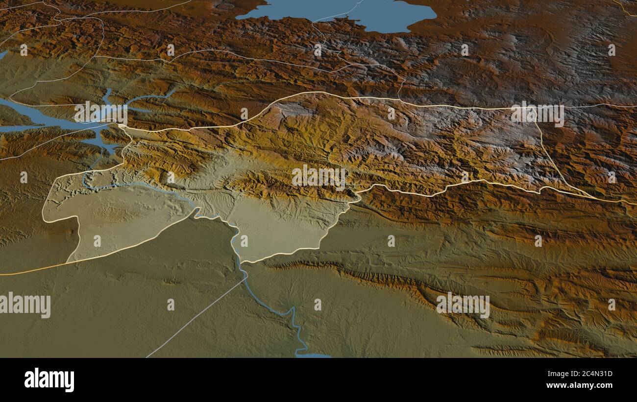 Zoom in on Sirnak (province of Turkey) outlined. Oblique perspective ...