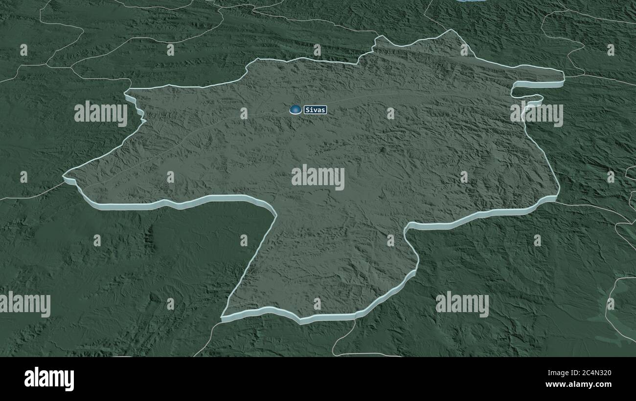Zoom in on Sivas (province of Turkey) extruded. Oblique perspective ...