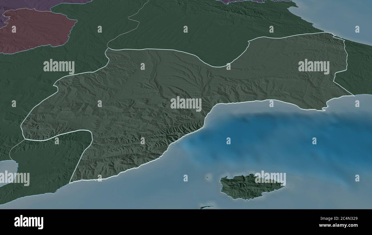 Zoom in on Tekirdag (province of Turkey) outlined. Oblique perspective ...