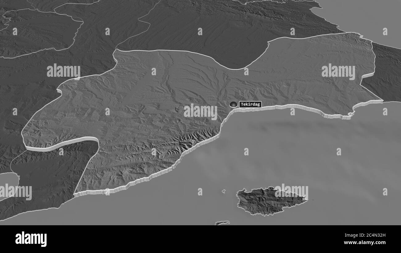 Zoom in on Tekirdag (province of Turkey) extruded. Oblique perspective ...