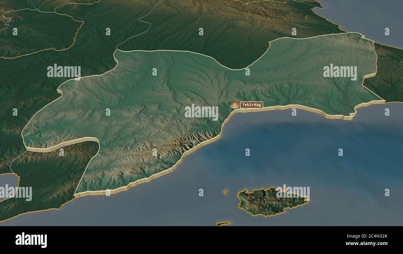Zoom in on Tekirdag (province of Turkey) extruded. Oblique perspective ...