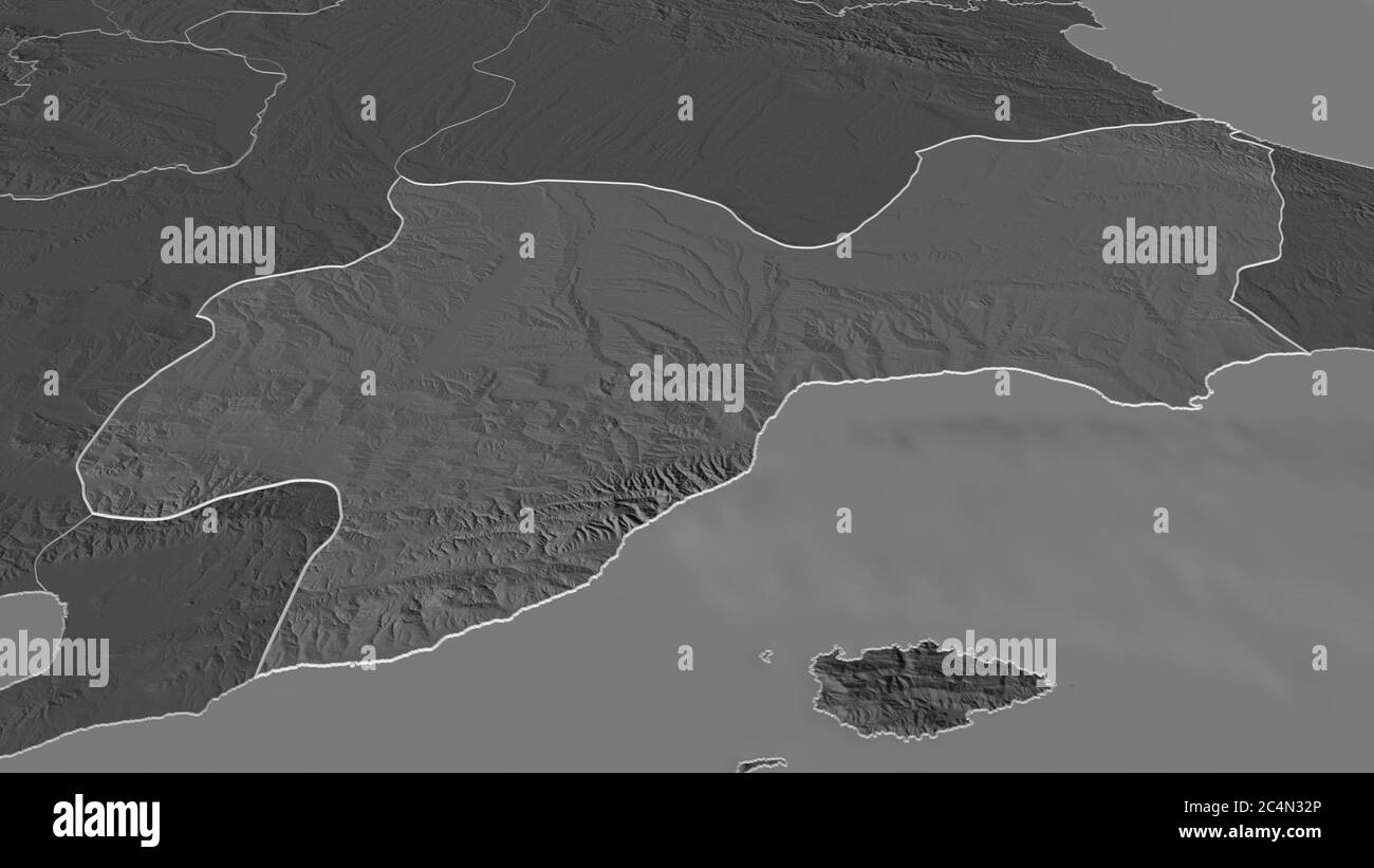 Zoom in on Tekirdag (province of Turkey) outlined. Oblique perspective ...