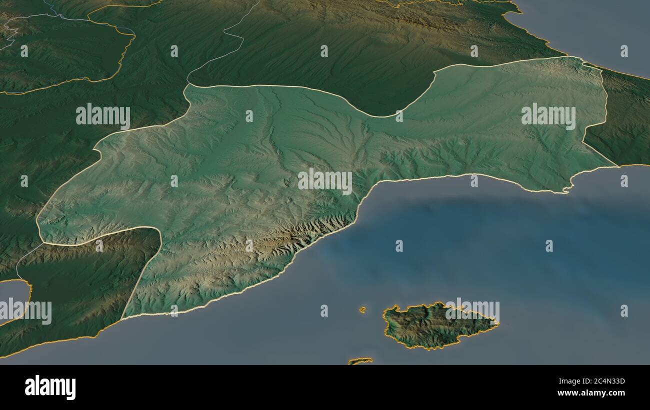 Zoom in on Tekirdag (province of Turkey) outlined. Oblique perspective ...