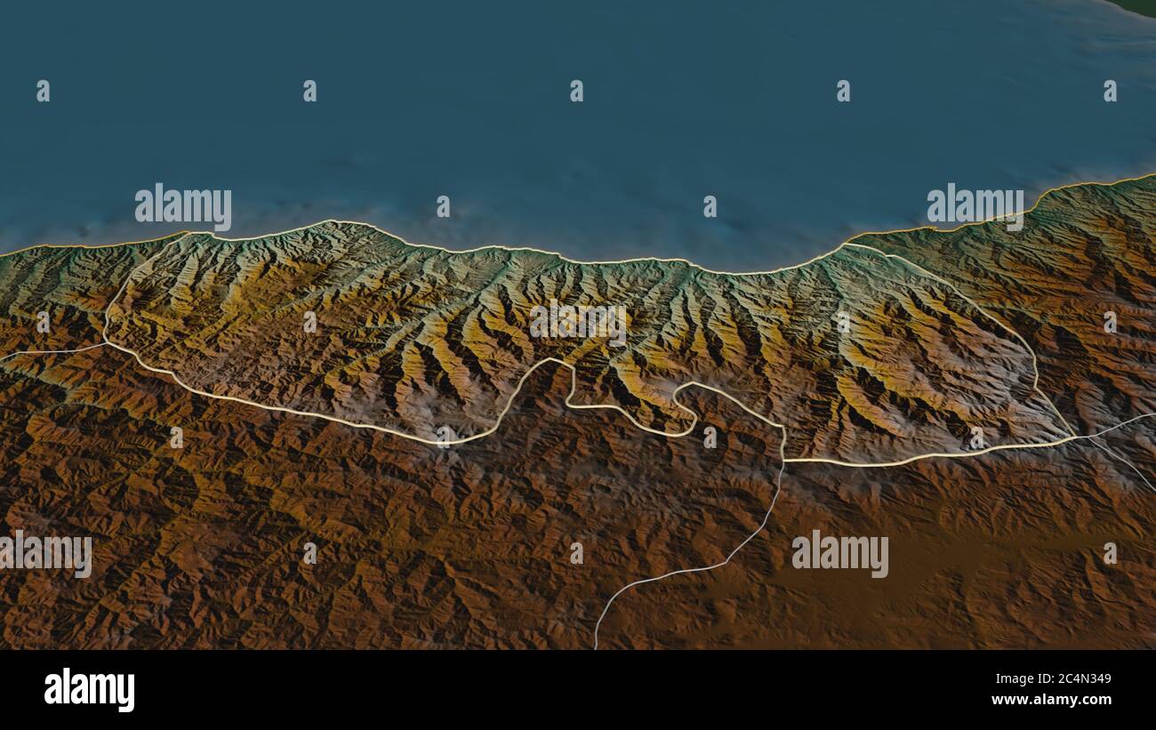 Zoom in on Trabzon (province of Turkey) outlined. Oblique perspective ...