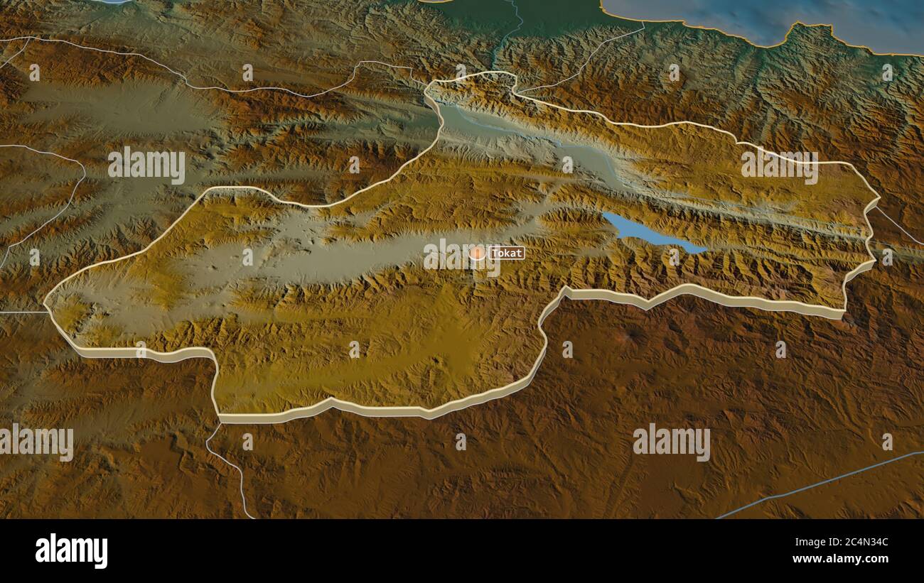 Zoom in on Tokat (province of Turkey) extruded. Oblique perspective ...
