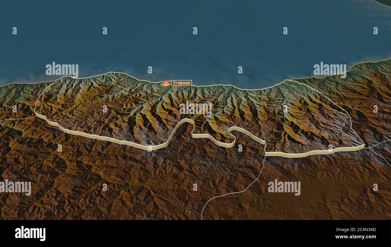 Zoom in on Trabzon (province of Turkey) extruded. Oblique perspective ...