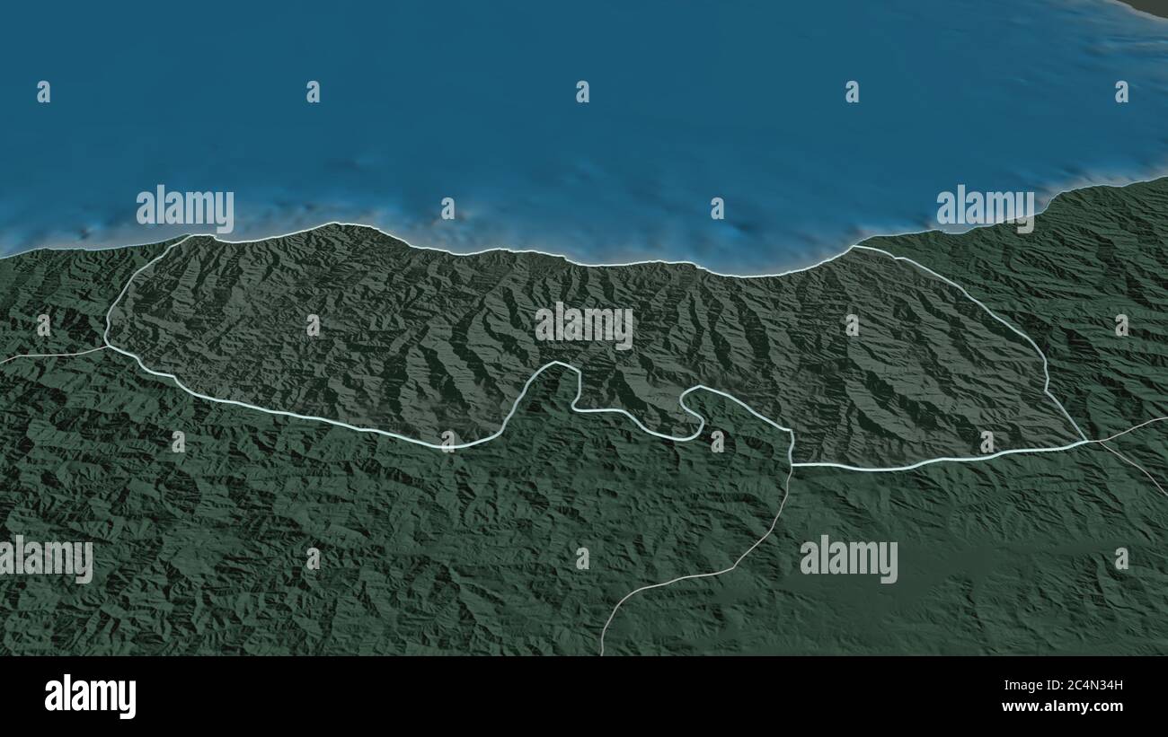 Zoom in on Trabzon (province of Turkey) outlined. Oblique perspective ...