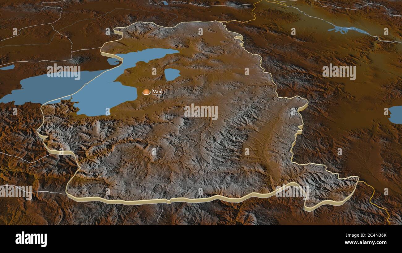 Zoom in on Van (province of Turkey) extruded. Oblique perspective ...