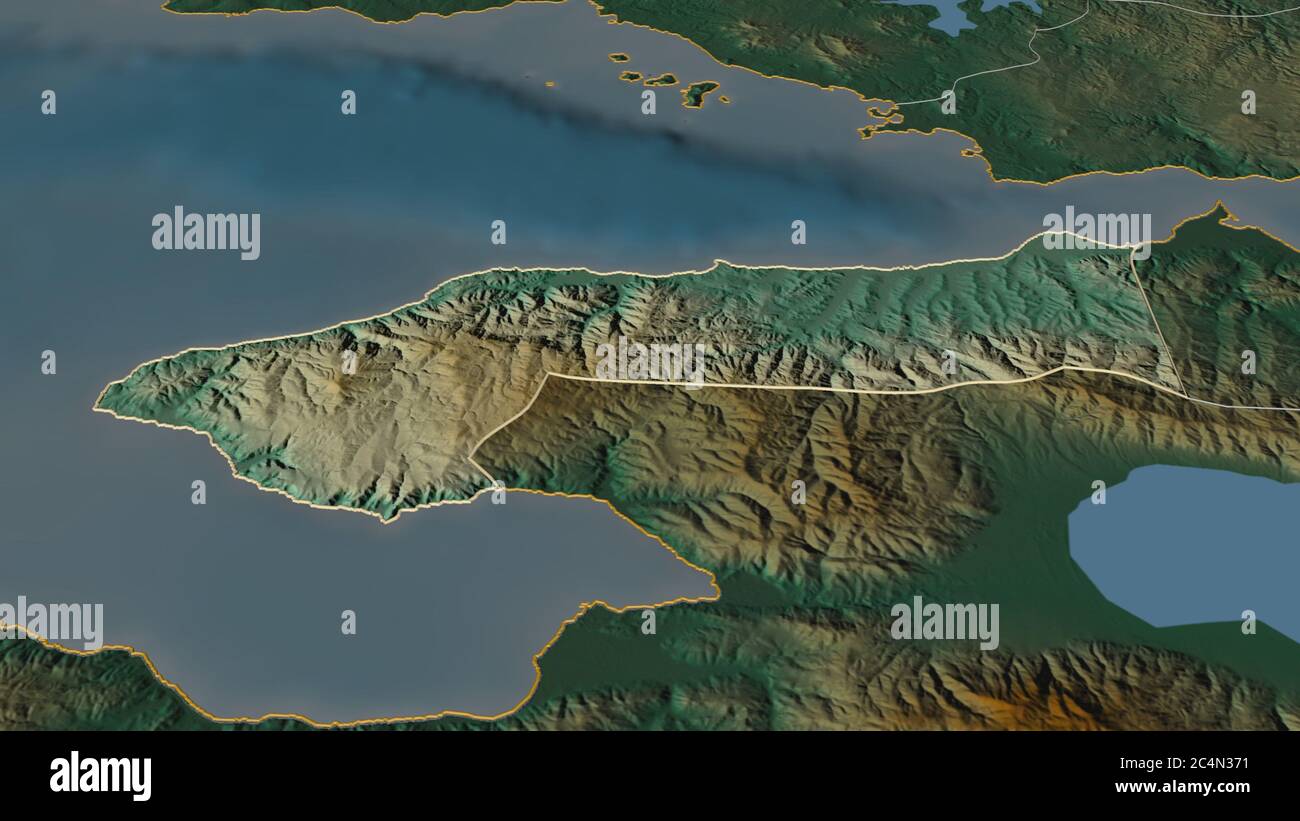 Zoom in on Yalova (province of Turkey) outlined. Oblique perspective ...